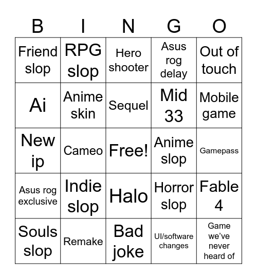 Xbox showcase Bingo Card