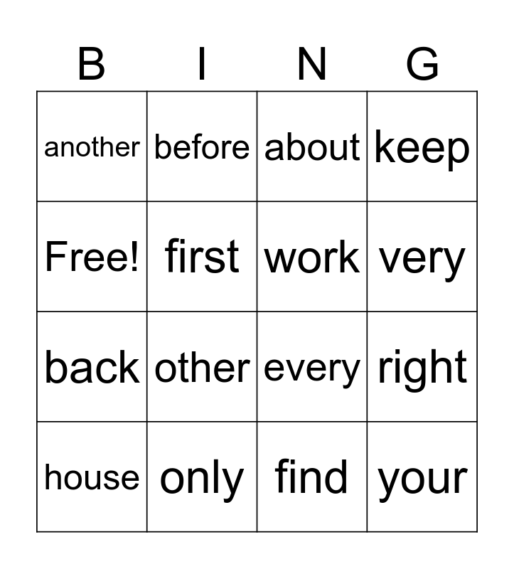 Cool Words Bingo Card