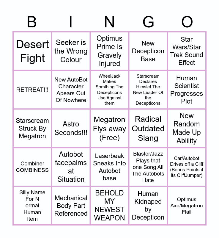 Transformers Drink 1 Bingo Card