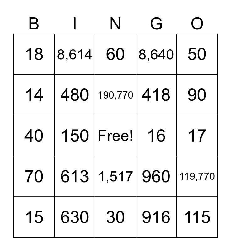 -teens vs -tys Bingo Card