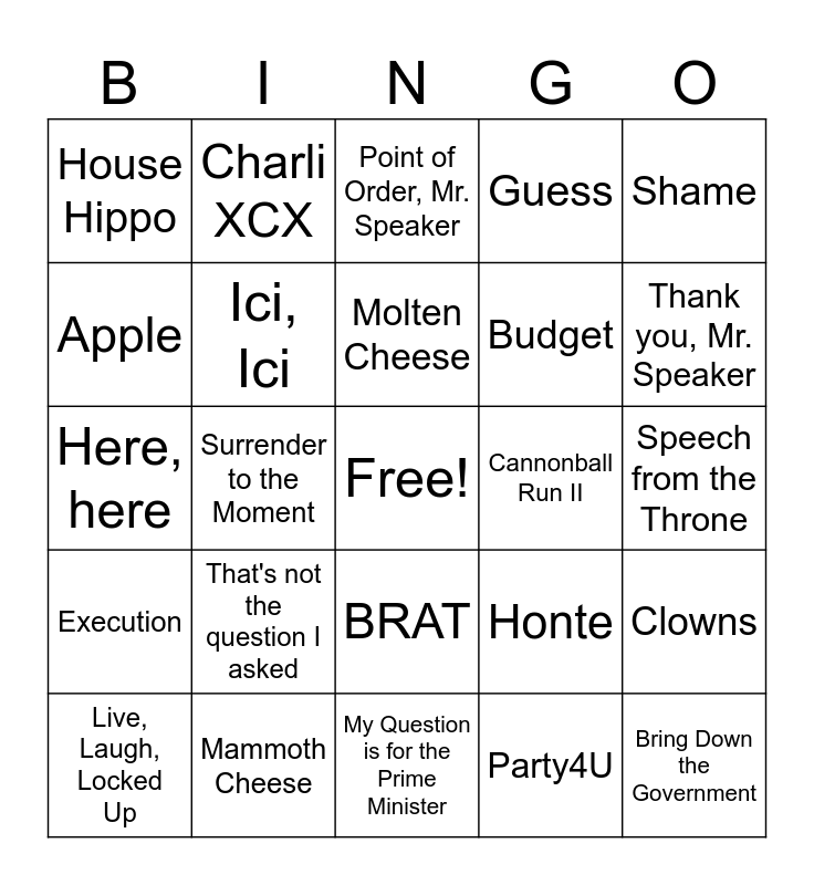 Model Parliament Bingo Card