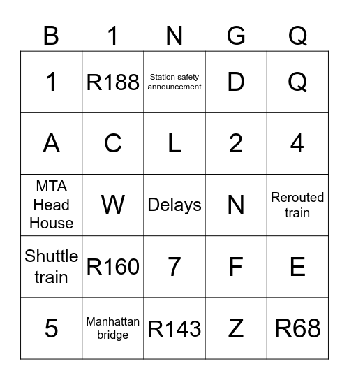 NYC Subway BINGO Card