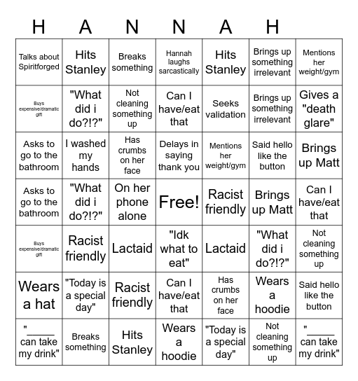 Hannah Bingo Card