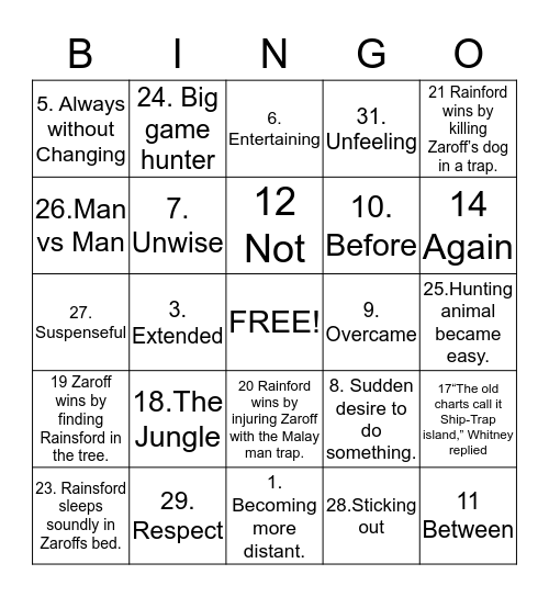 The Most Dangerous Game of Bingo! Bingo Card