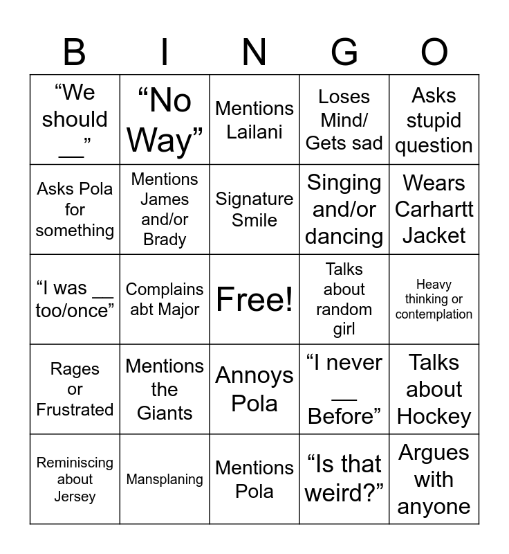The Card of TJ Bingo Card