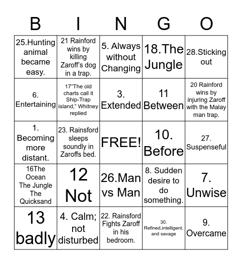 The Most Dangerous Game of Bingo! Bingo Card