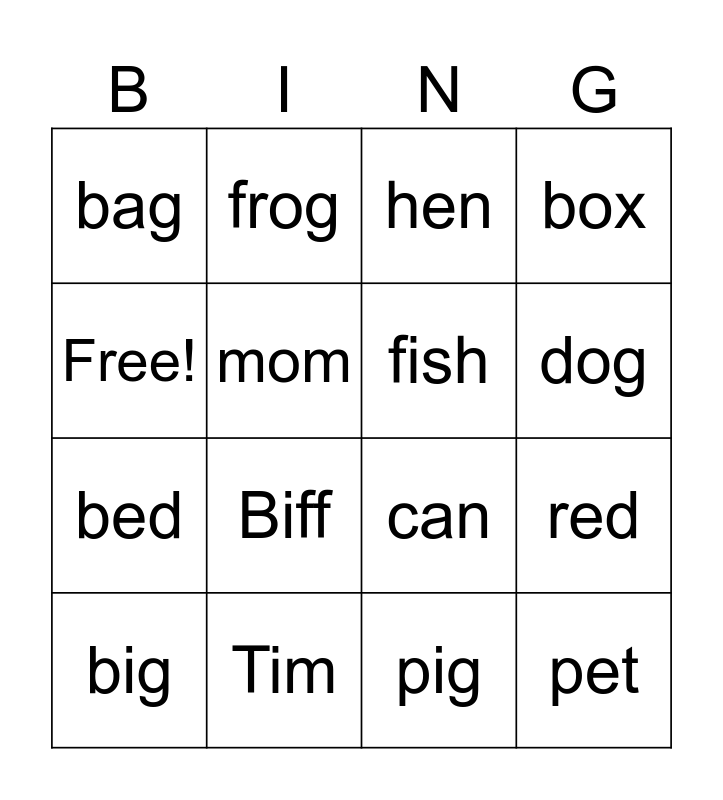 Short Vowel a e i o Bingo Card