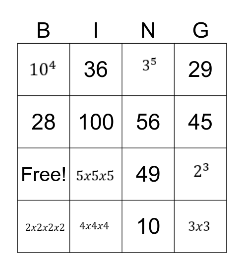 Factors and exponents Bingo Card