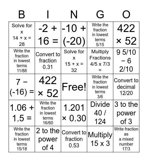 MATH BINGO Card MATH BINGO Card
