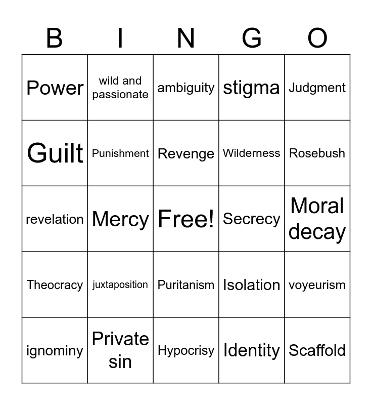 Scarlet Letter Bingo Card