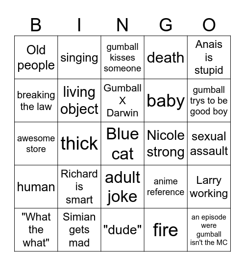 gumball Bingo Card