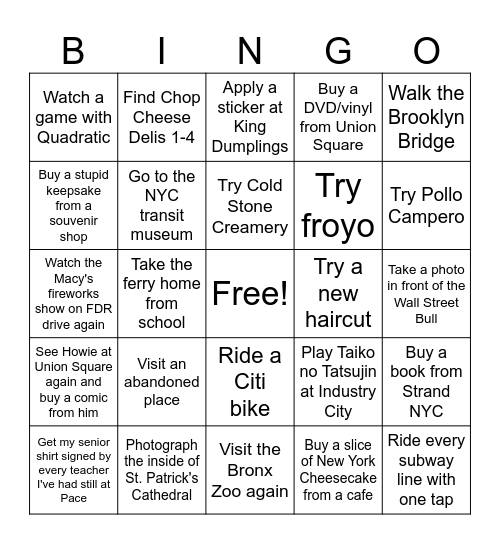 NYC Bucketlist Bingo Card