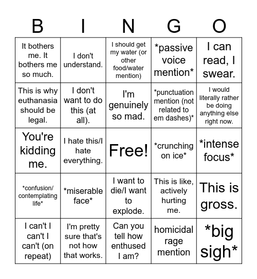Kats' Suffering Bingo Card