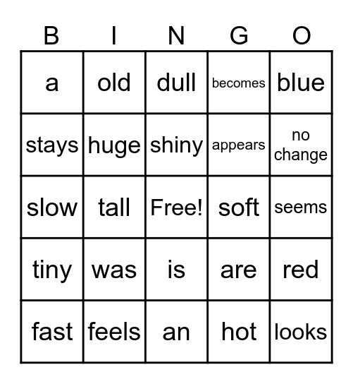 Adjectives, Linking Verbs, and Articles Bingo Card