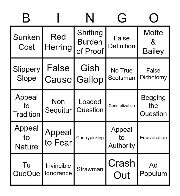 Student Fallacy Bingo Card