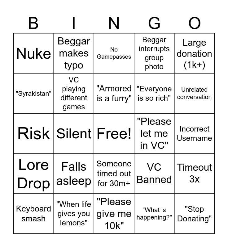 ArmoredReality Stream Bingo Card