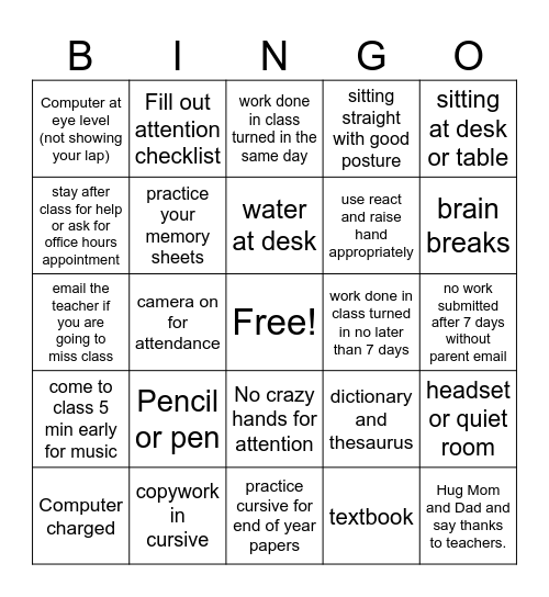 Habit of Attention Bingo Card