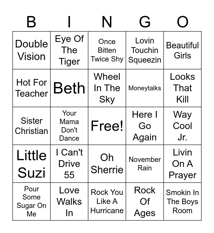 80's HAIR METAL Bingo Card