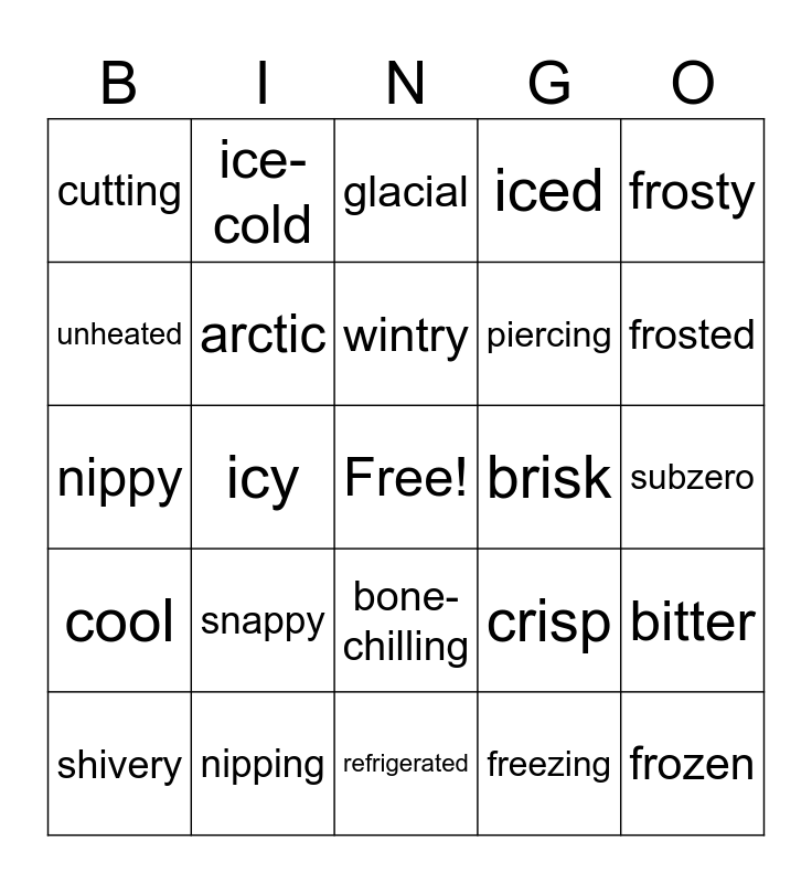 Synonyms for Cold Bingo Card