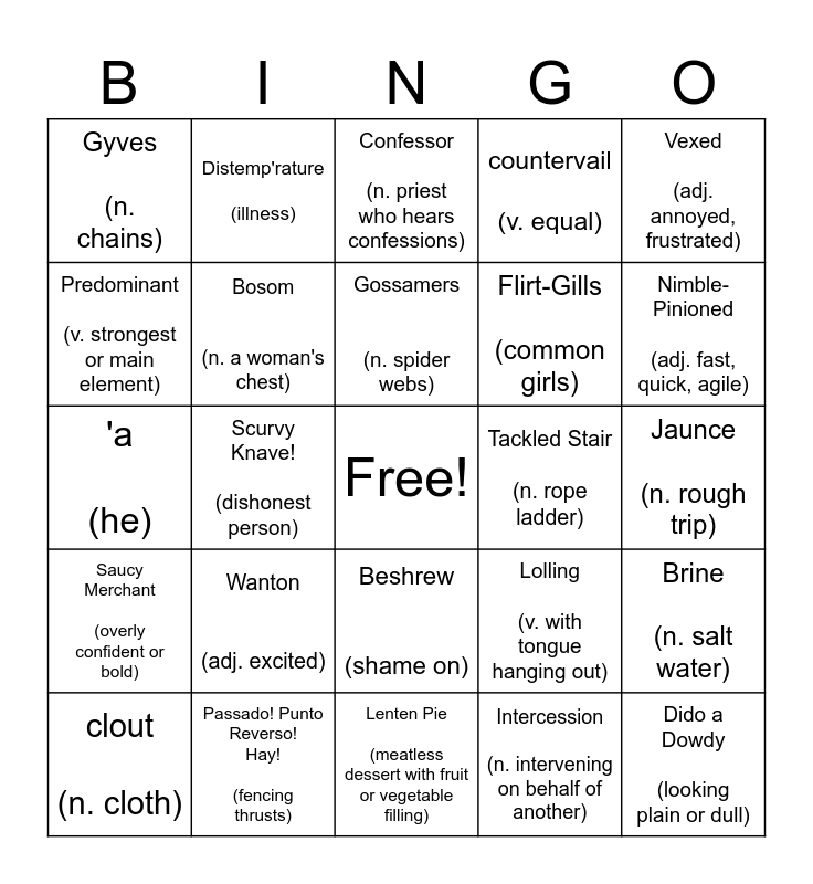 Romeo & Juliet Act II Bingo Card