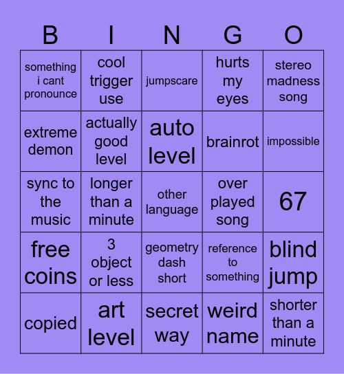 geometry dash recent tab bingo Card