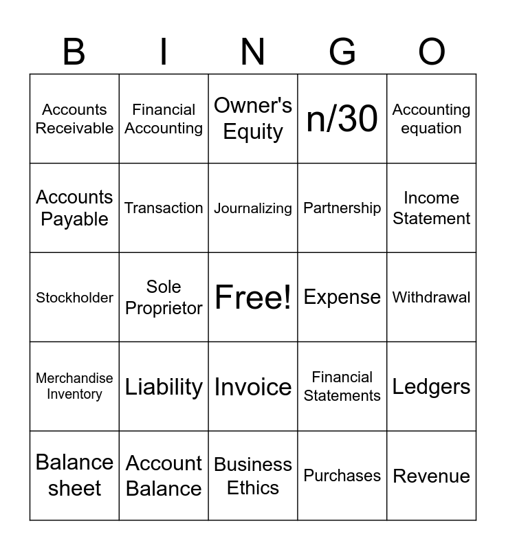 Accounting 20/30 Bingo Card