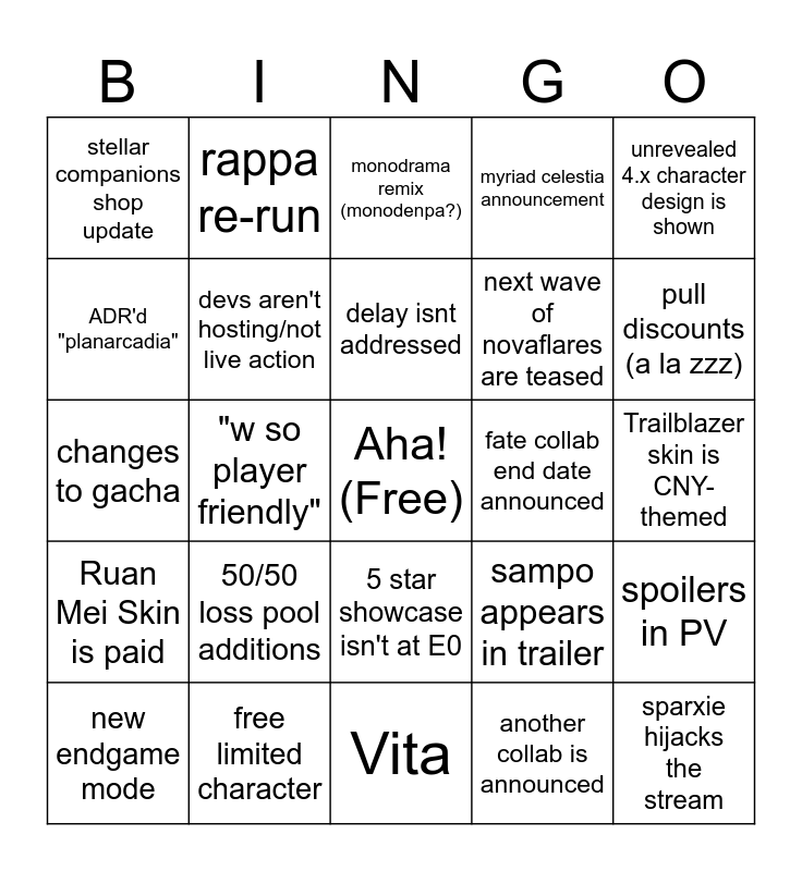 HSR 4.0 Special Program Bingo Card