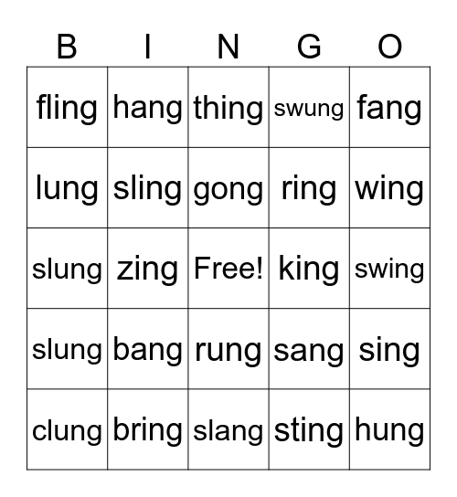 NG Words Lesson #51 Bingo Card