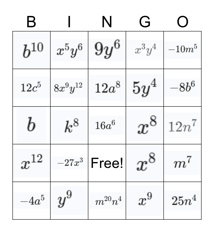 Exponent Rules Bingo Card