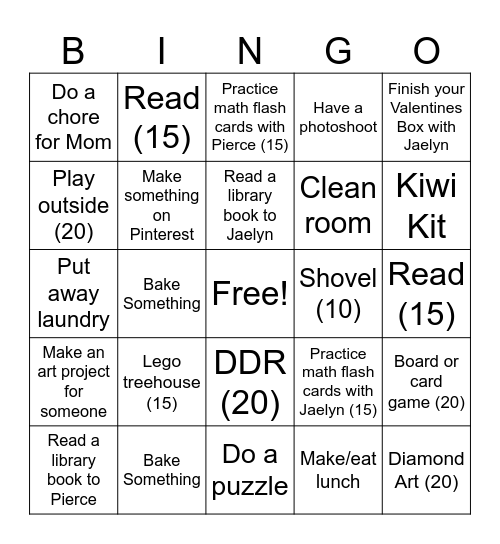Elyse's Snow Day Bingo Card