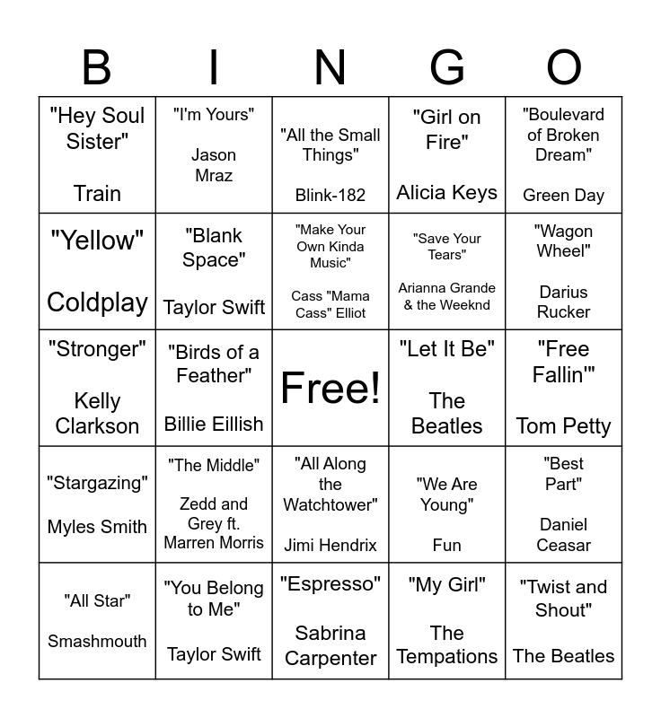 Modern Band Bingo 1 Bingo Card