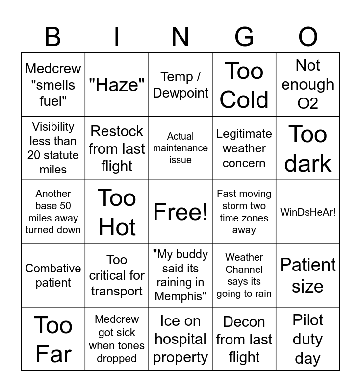 Flight Turndown Bingo Card
