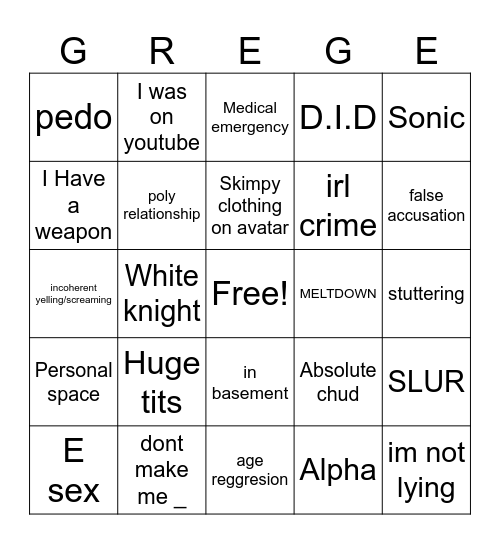 VR Chat bingo Card