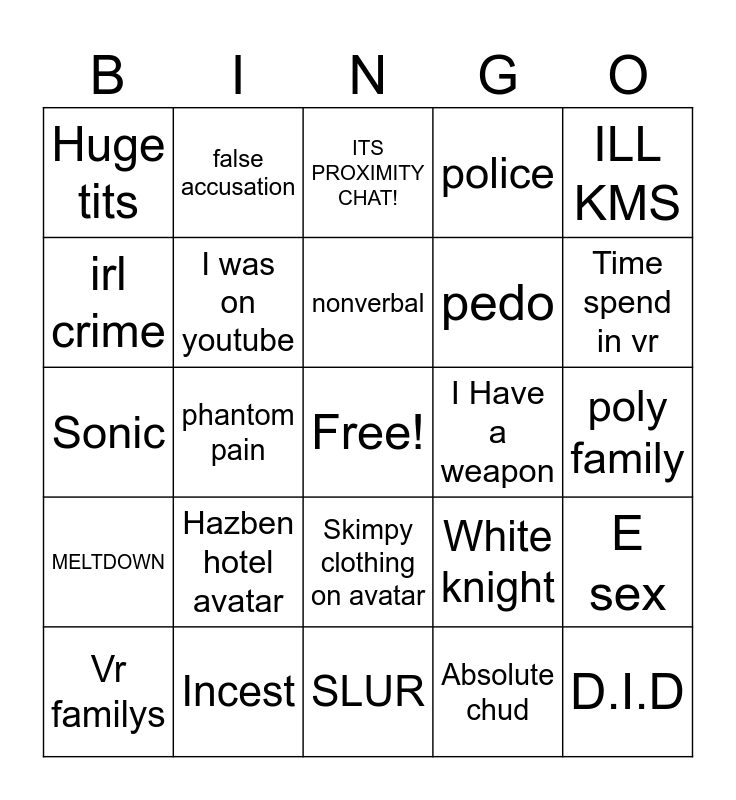 VR Chat bingo Card