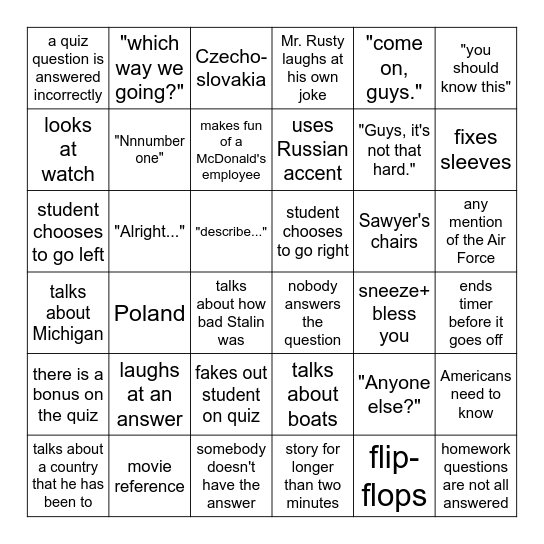 Mr. Rusty's History Class Bingo Card