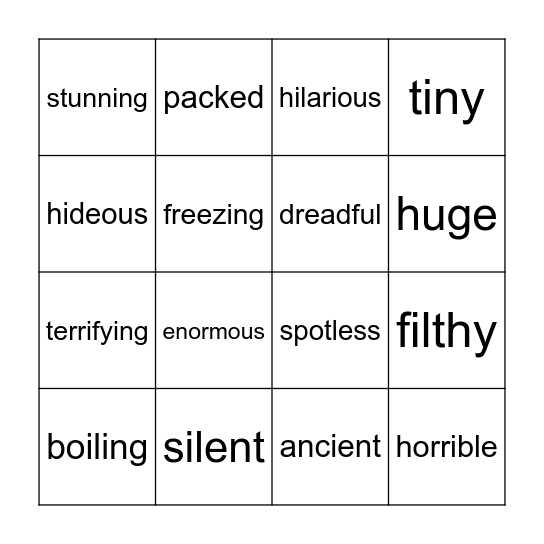 Extreme adjectives Bingo Card