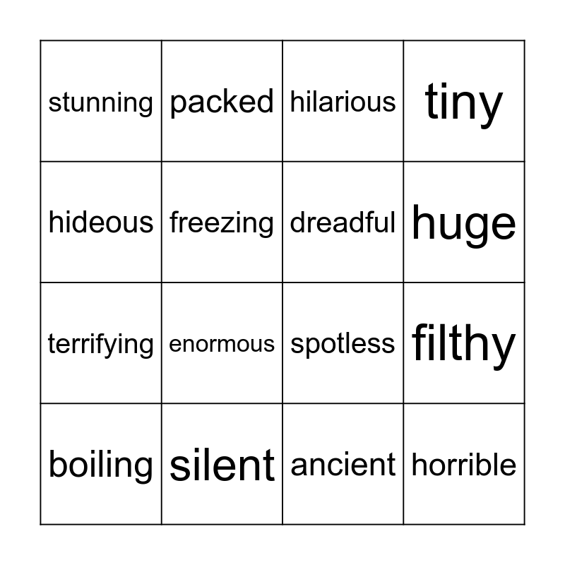 Extreme adjectives Bingo Card