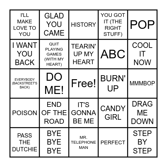 BEST BOY BAND SONGS Bingo Card
