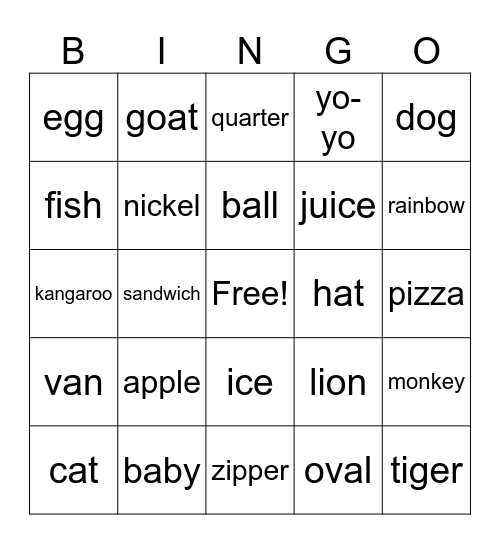 Alphabet Words Bingo Card