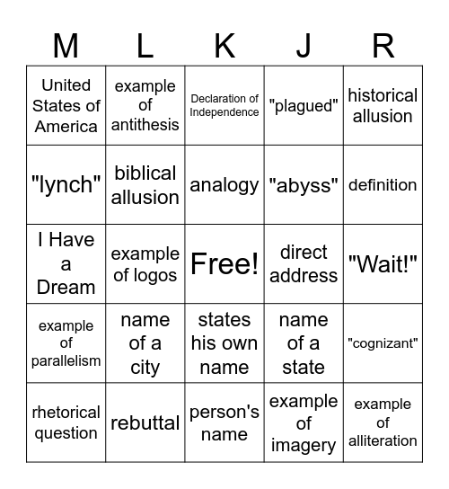 Letters from Birmingham Jail BINGO Card
