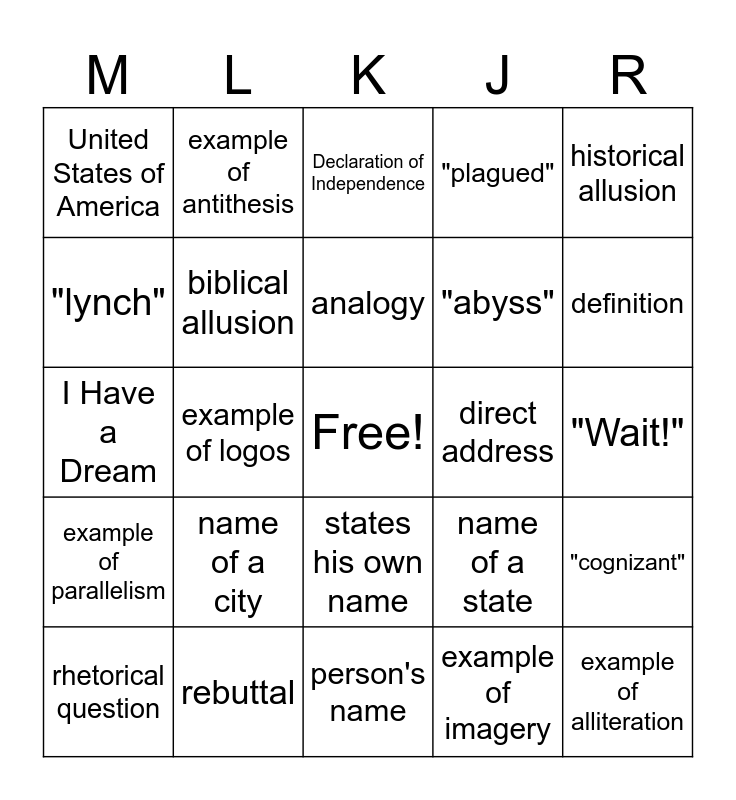 Letters from Birmingham Jail BINGO Card