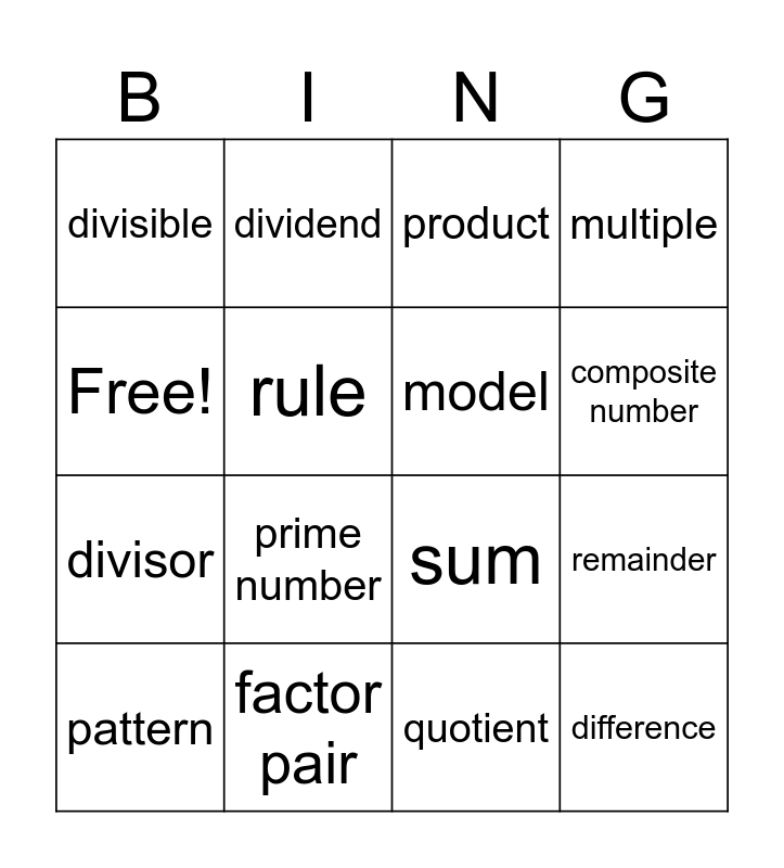 Math Vocabulary Bingo Card