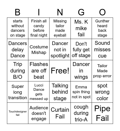 Dance Show Bingo Card