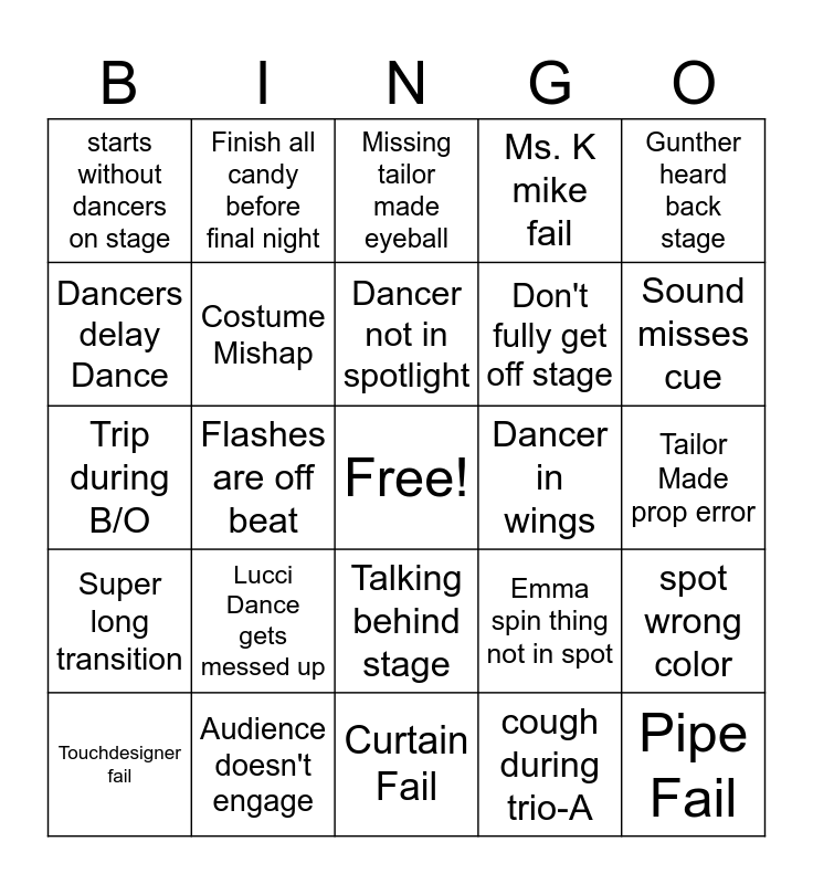 Dance Show Bingo Card