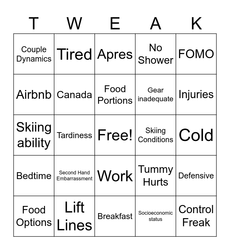 Whistler Tweak Bingo Card