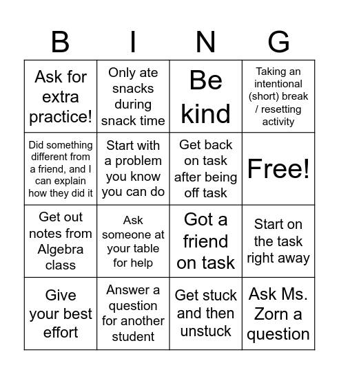 Algebra Lab Bingo! Bingo Card