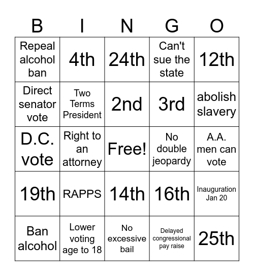 U.S. Constitution Amendments Bingo Card