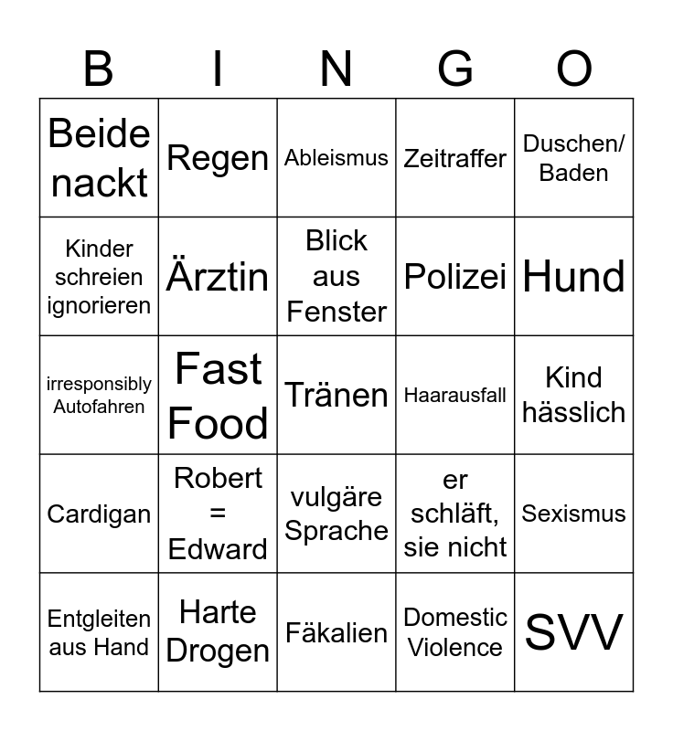 Die My Love Bingo Card