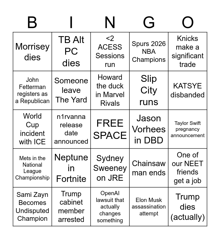 2026 Bingo Card Bingo Card