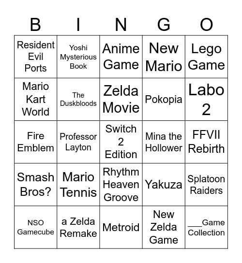 Nintendo Direct Bingo Card